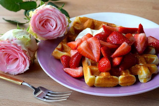 Valentines Waffles with Rose Syrup Strawberries & Crème Fraîche ...