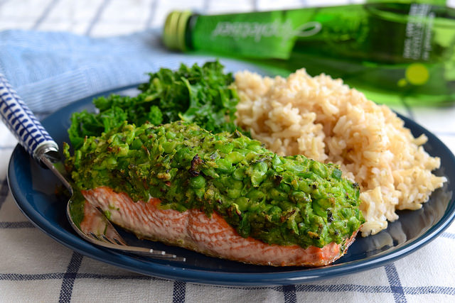Student Suppers: Pea & Mint Crusted Salmon with Rice & Kale | Rachel Phipps