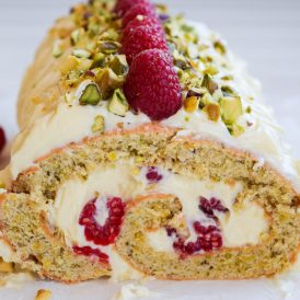 Raspberry, Pistachio and White Chocolate Roulade | Rachel Phipps