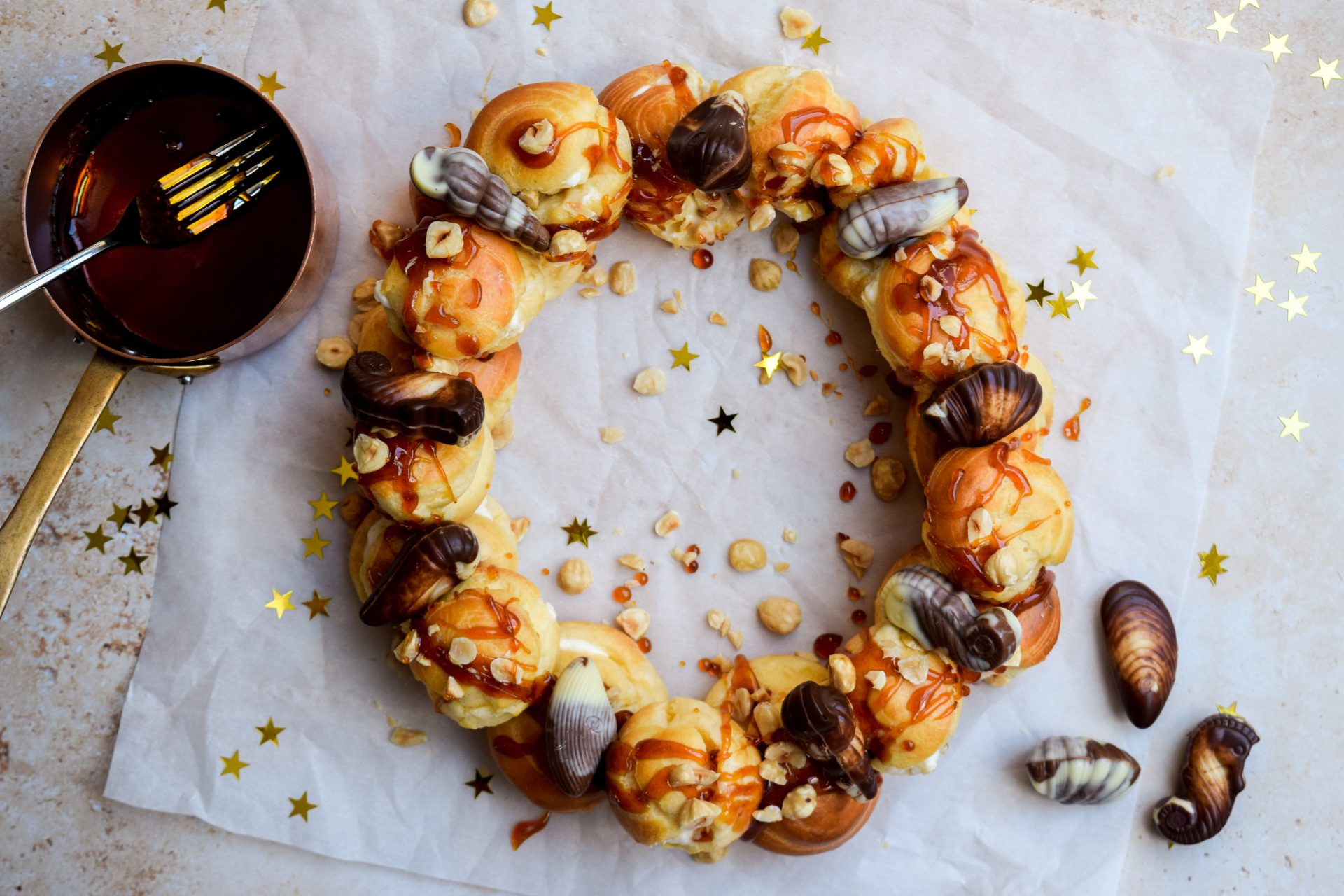 Christmas Kitchen: Toasted Hazelnut & Caramel Choux Wreath | Rachel Phipps