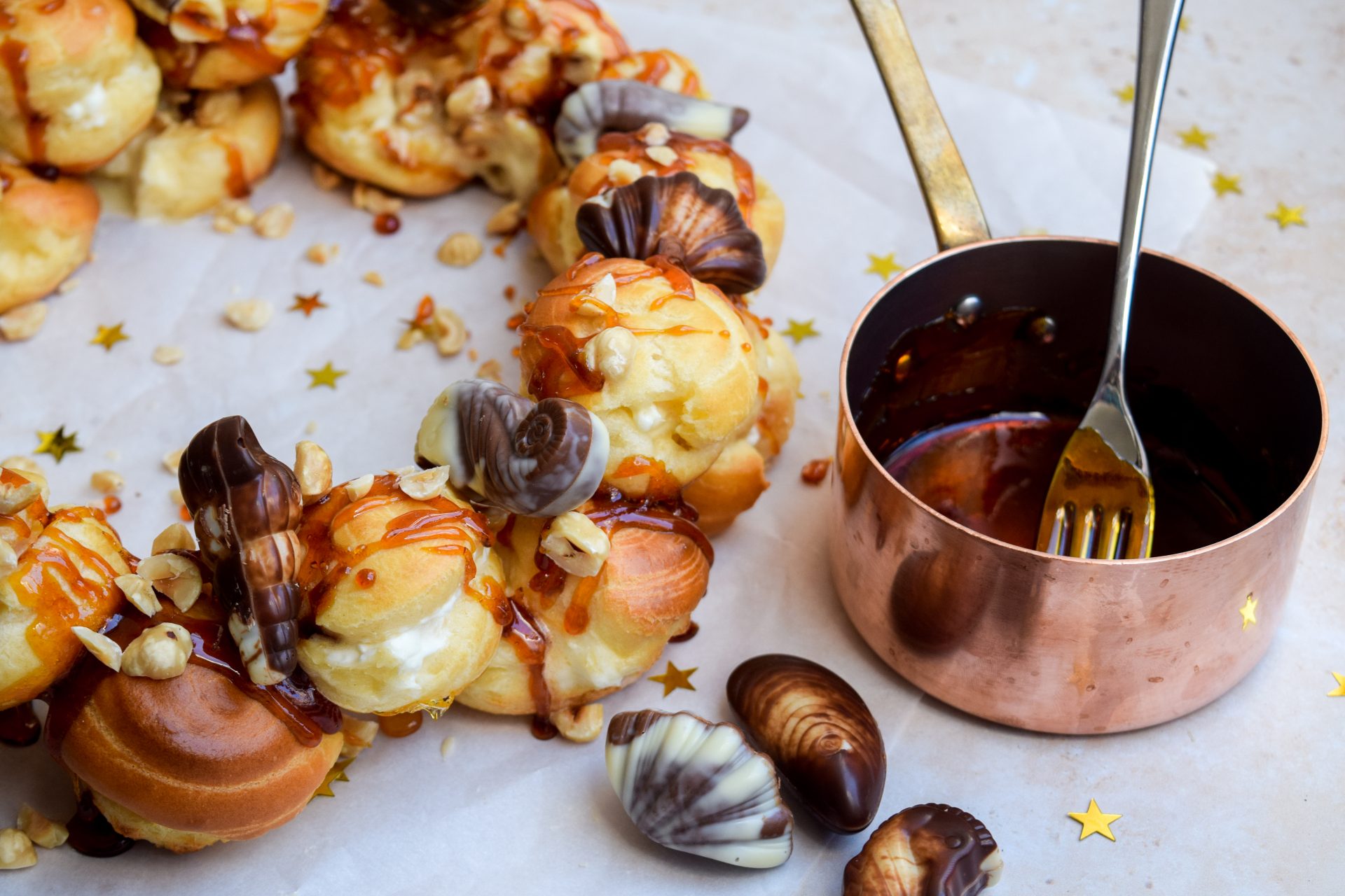 Christmas Kitchen: Toasted Hazelnut & Caramel Choux Wreath | Rachel Phipps