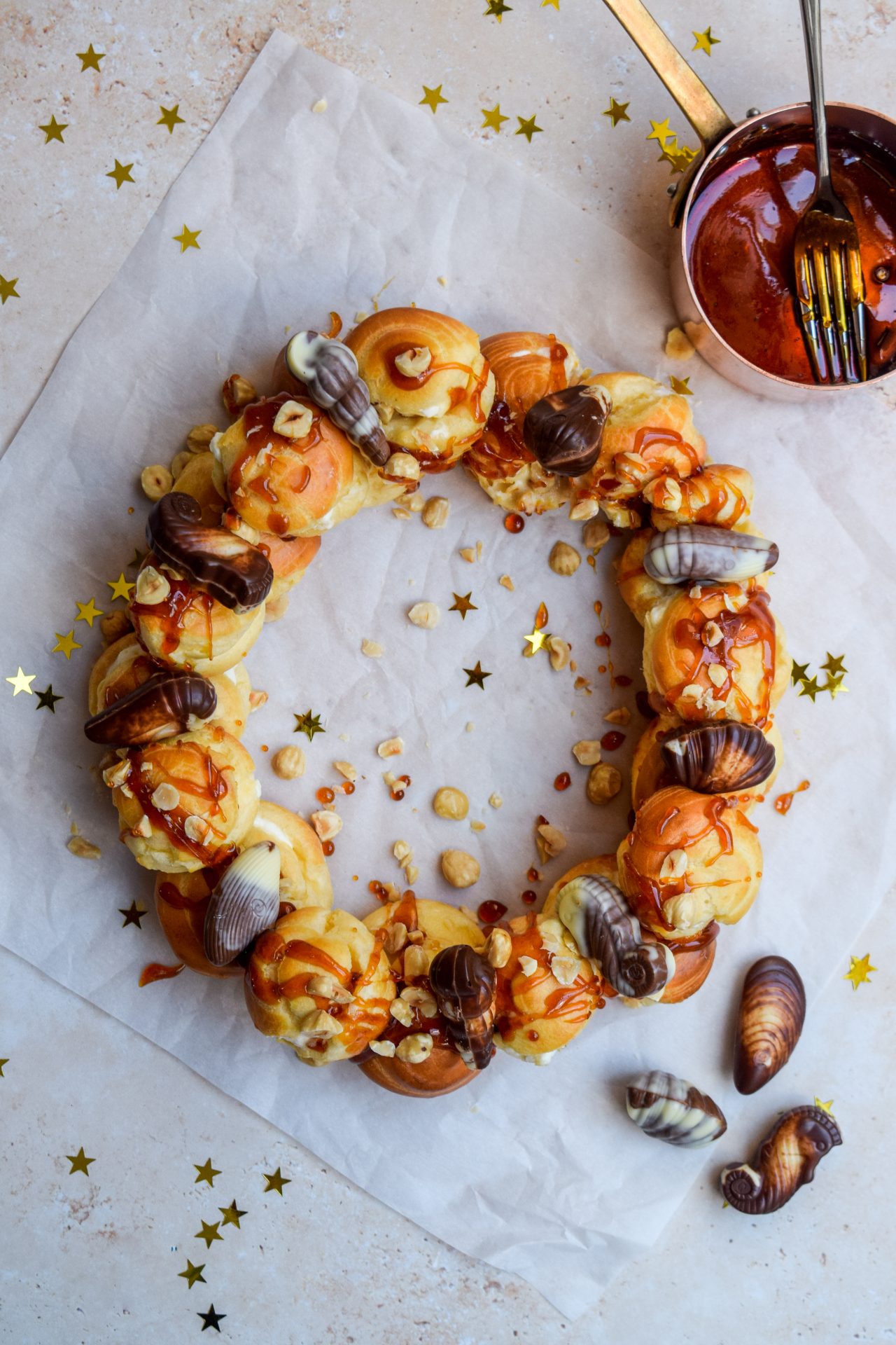 Christmas Kitchen: Toasted Hazelnut & Caramel Choux Wreath | Rachel Phipps