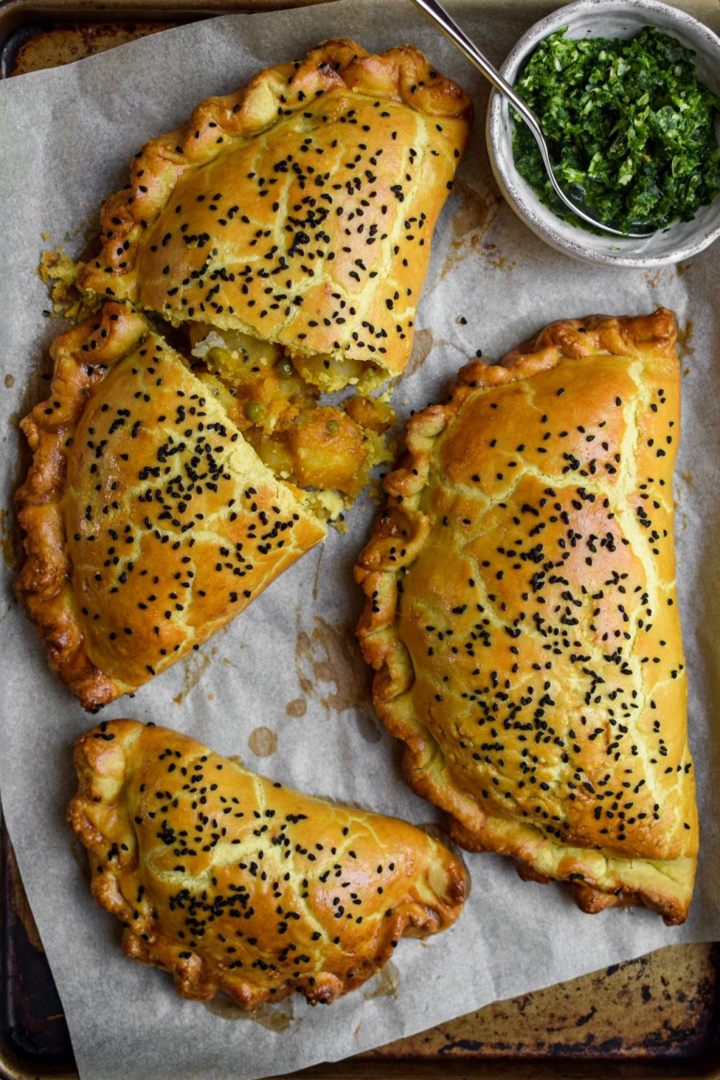 Curried Potato Pasties with Quick Coriander Chutney | Rachel Phipps