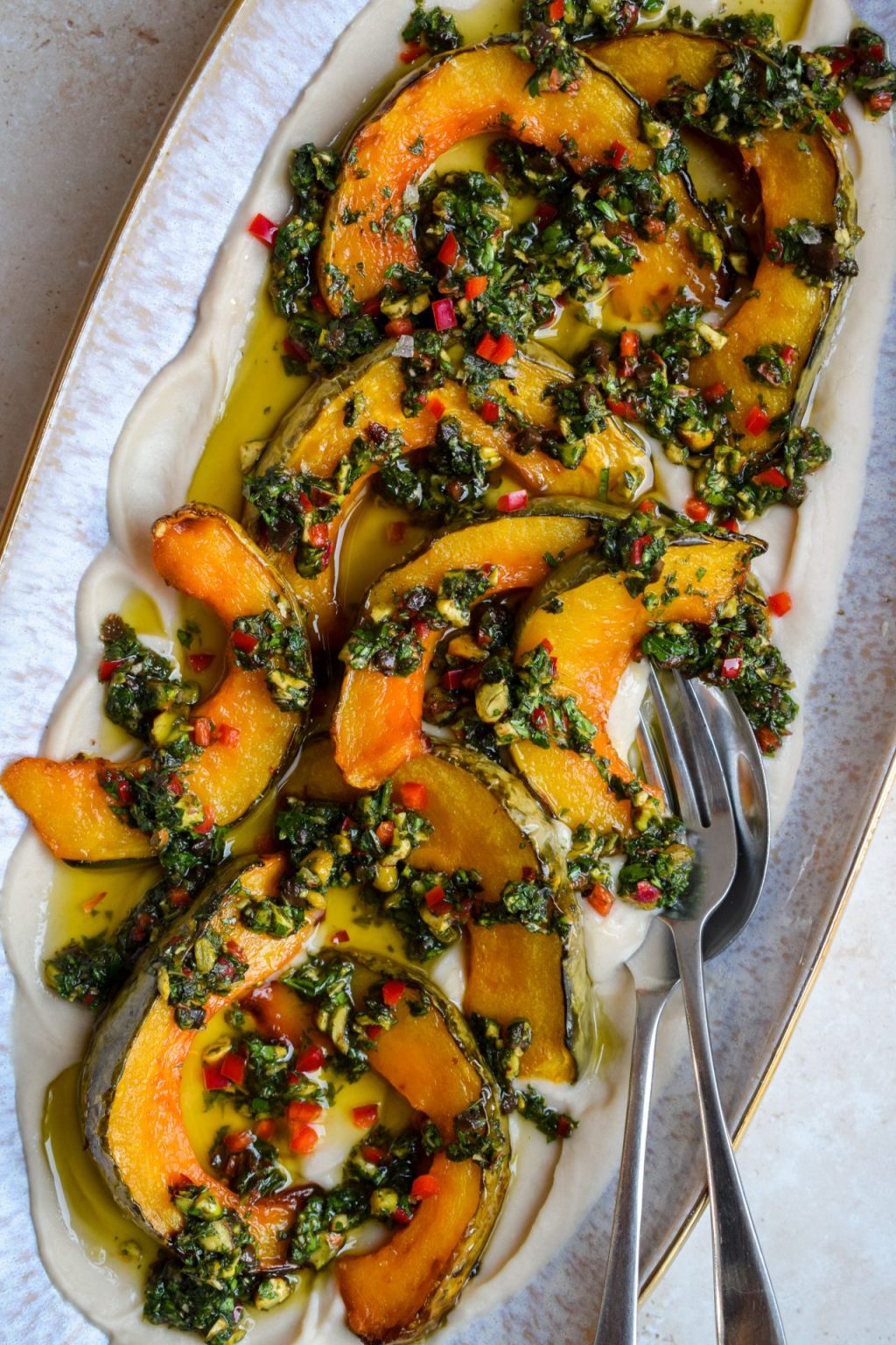 Roasted Squash with Salsa Verde & White Bean Puree