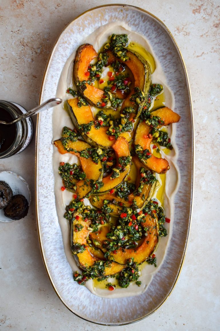 Roasted Squash with Salsa Verde & White Bean Puree