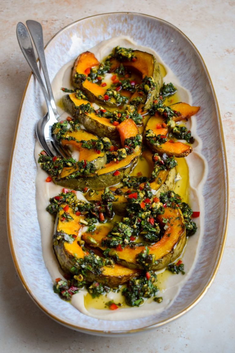 Roasted Squash with Salsa Verde & White Bean Puree