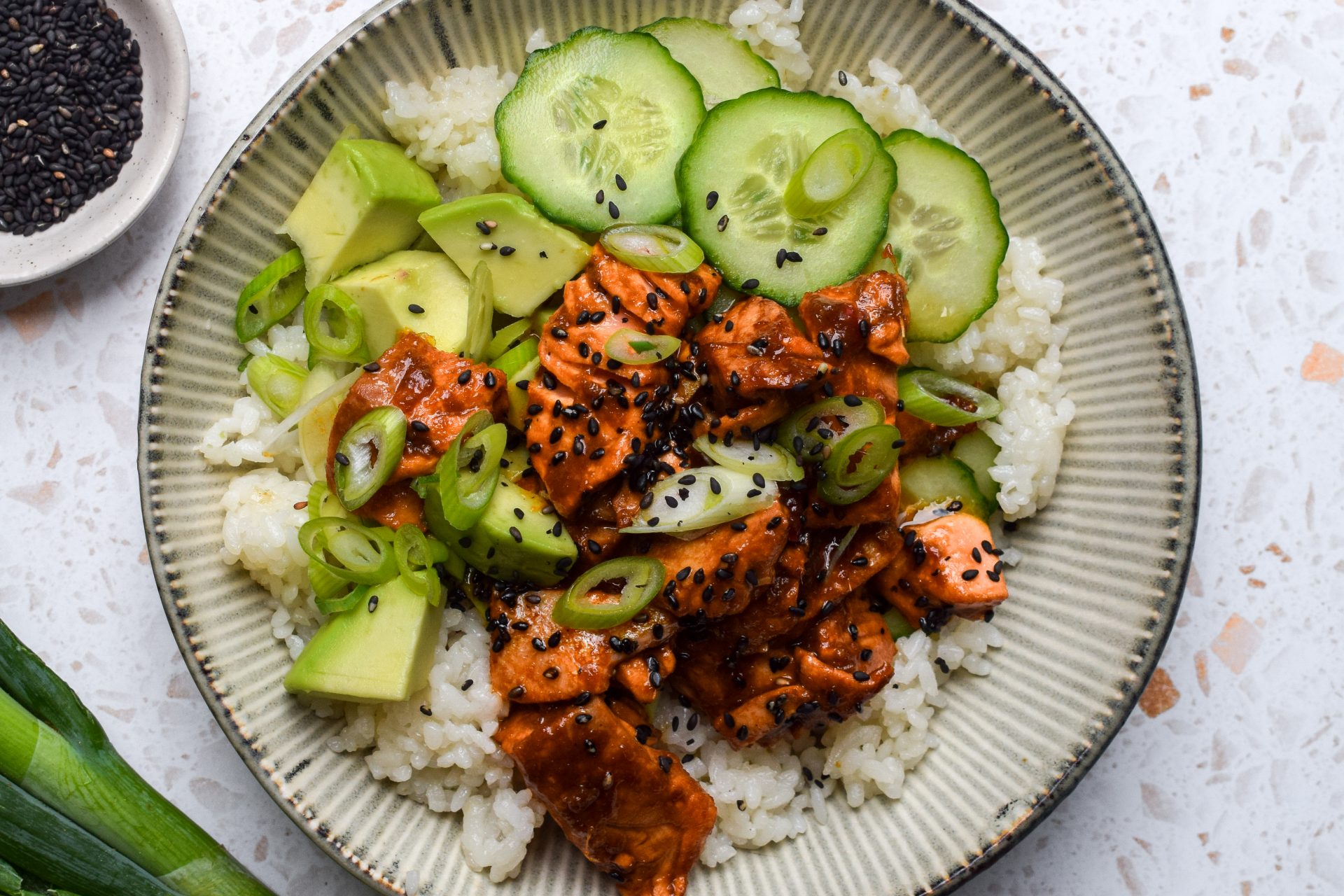 Spicy Salmon and Avocado Rice Bowl | Rachel Phipps